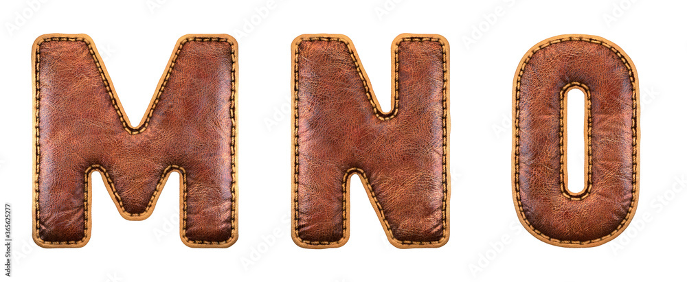 Set of leather letters M, N, O uppercase. 3D render font with skin ...