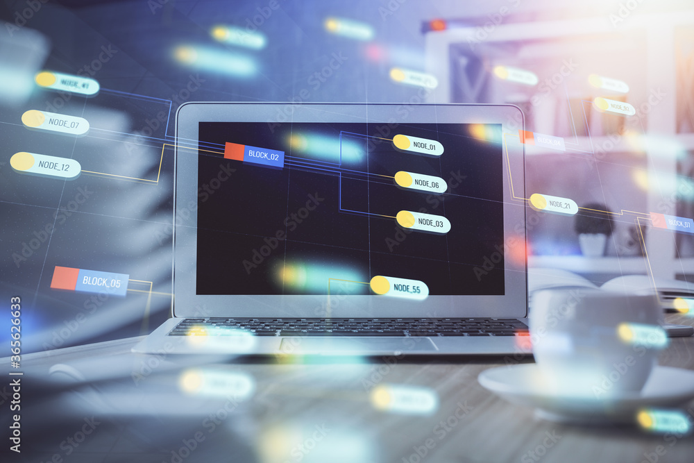 Technology theme drawing and table with computer. Multi exposure ...