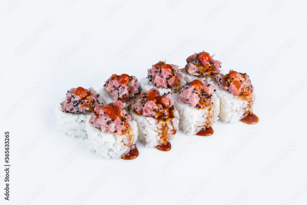 Traditional Japanese Volcano Sushi Roll pieces isolated on gray ...