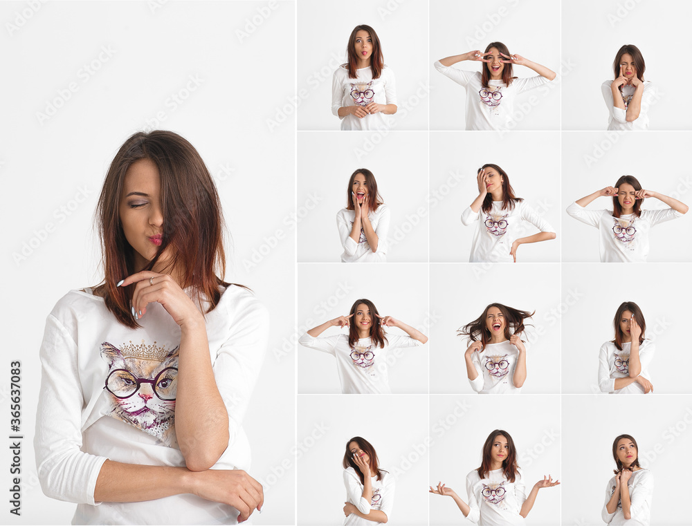 Set of young COOL FUNNY attractive woman's portraits with different ...