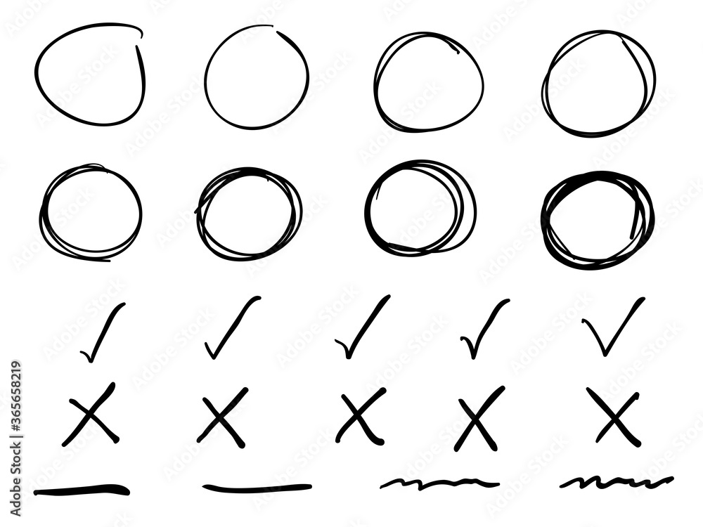 isolated scribble childish hand drawn set of circles, right, wrong ...