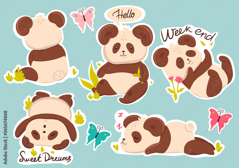 Set of cute pandas stickers with captions. Vector graphics. Stock ...