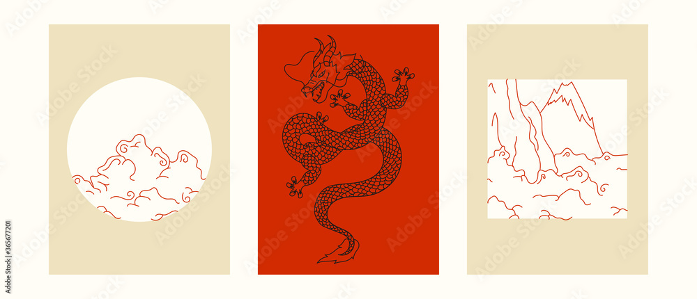 Set of templates in Japanese style. Dragon and clouds texture ...