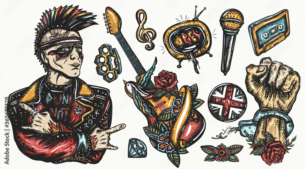 Punk music set. Color graphics elements. Tattoo vector collection ...