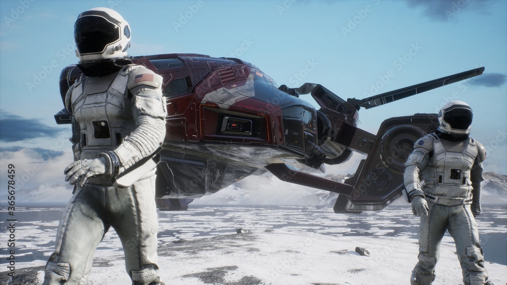 An astronaut-scientist studies a new unusual planet covered with ice ...