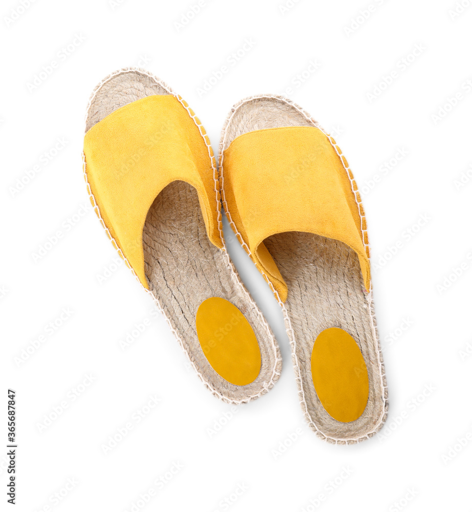 Slide sandals isolated on white, top view. Beach accessory Stock Photo ...
