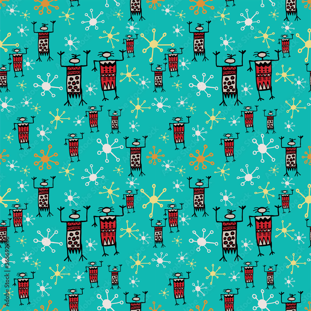 Seamless vector illustration of motif dancing tribal people doodle on ...