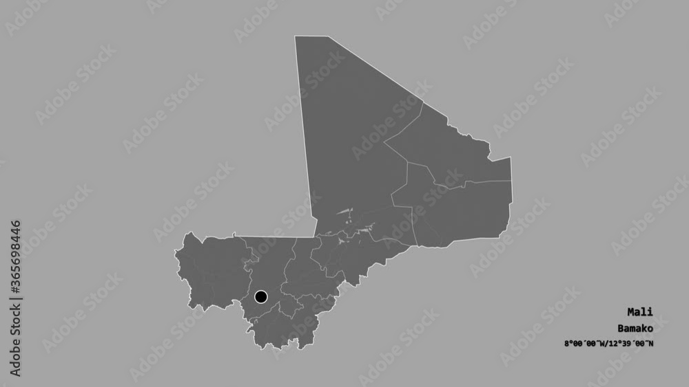 Gao, region of Mali, with its capital, localized, outlined and zoomed ...