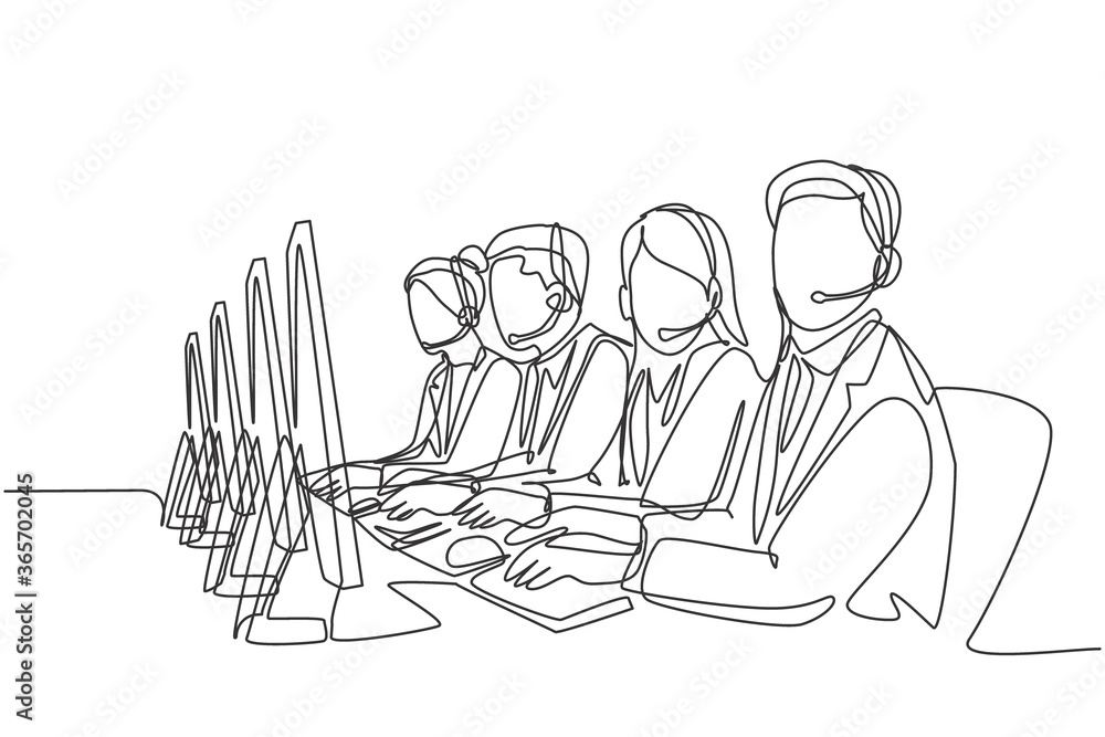 One single line drawing group of male and female customer service team ...