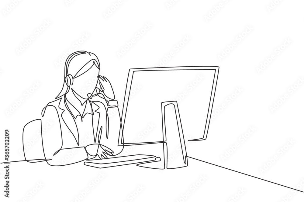 Single continuous line drawing of young happy female call center worker ...