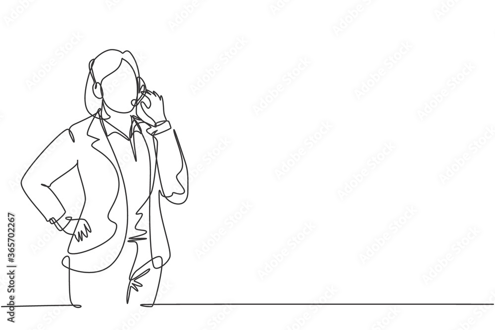 Single continuous line drawing of young happy female customer service ...