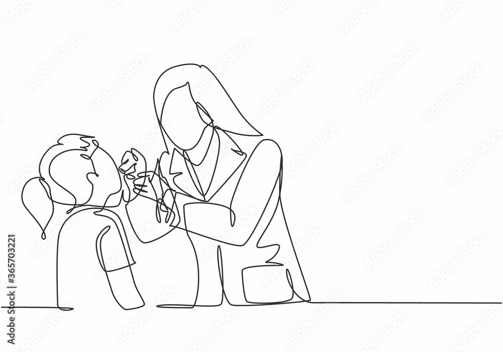 One single line drawing of young happy female dentist examining and do ...