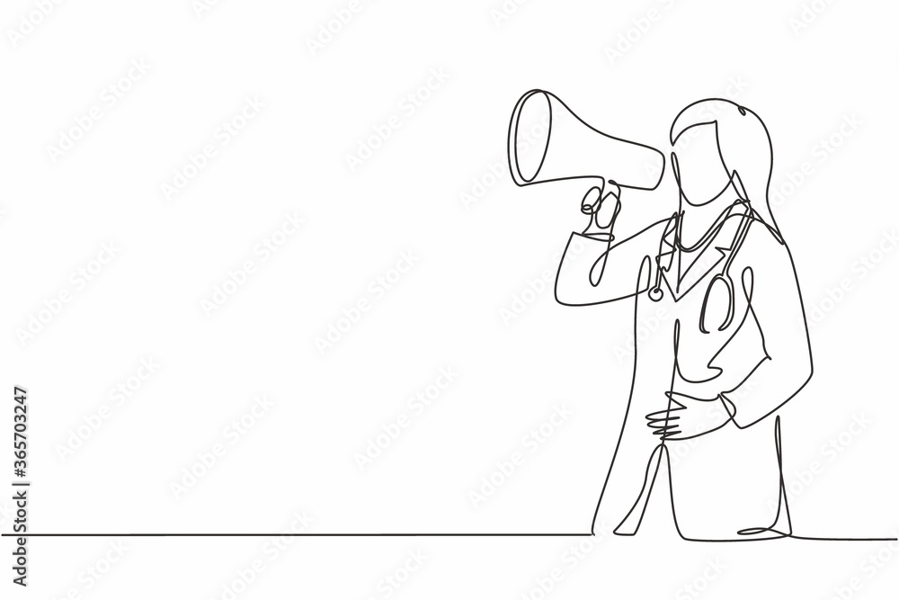 Single continuous line drawing of young female doctor announced ...