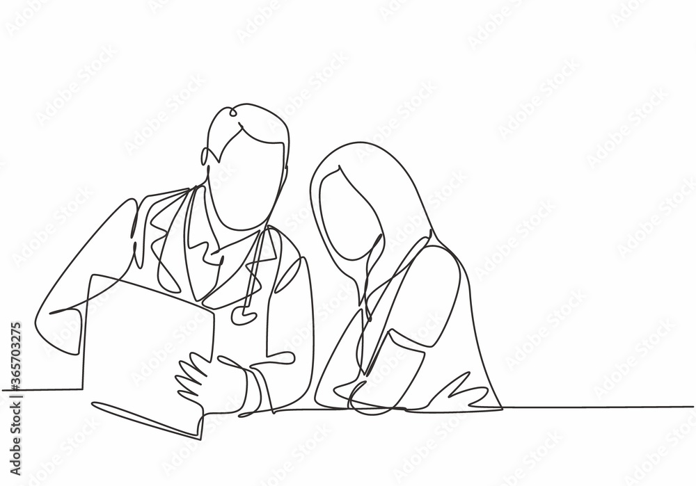 One continuous line drawing of young male doctor giving consultation ...