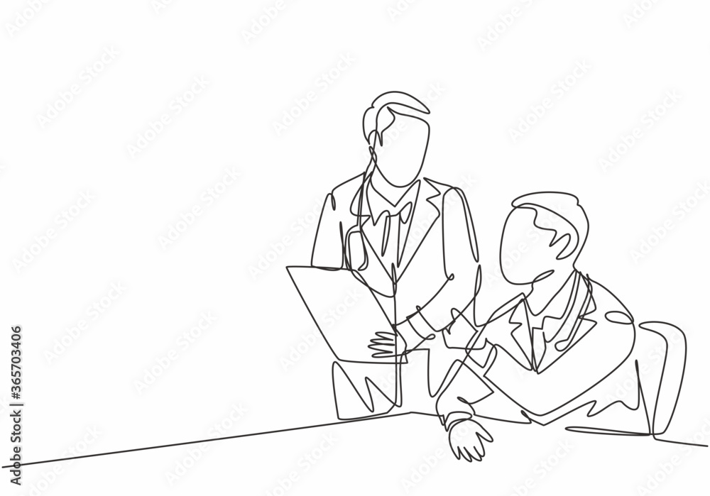 One continuous line drawing of two young doctor discuss and diagnosing ...