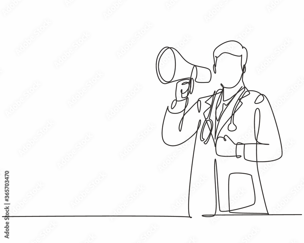 Single continuous line drawing of young male doctor pointing finger to ...