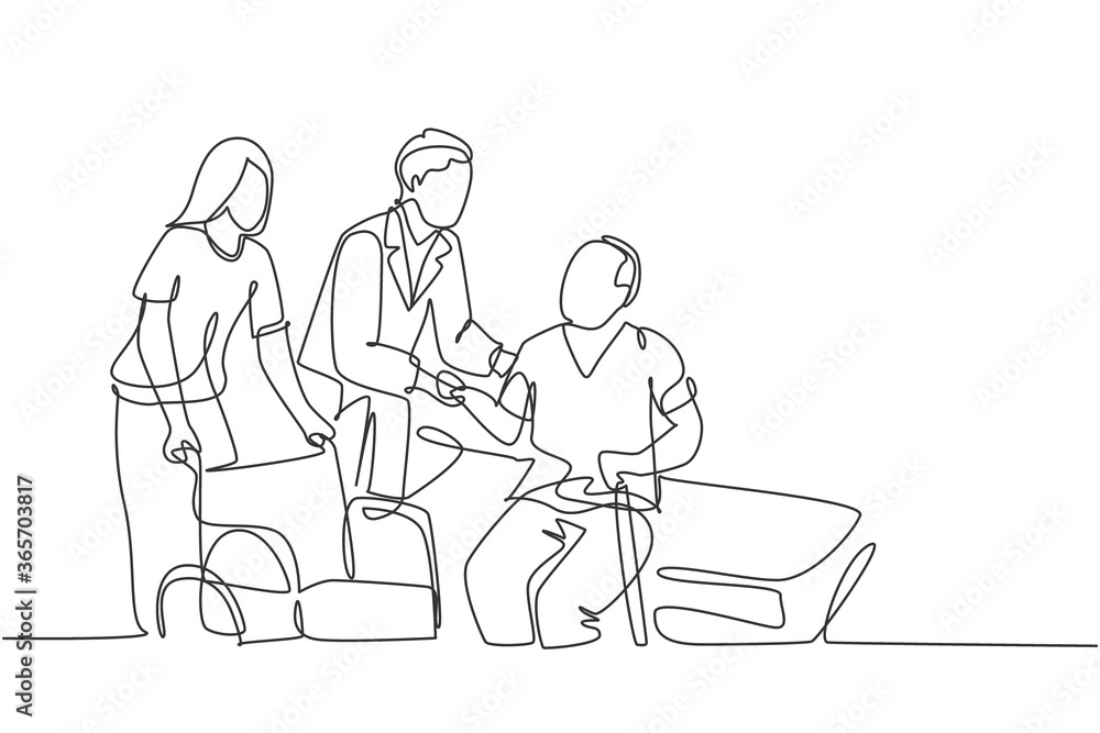 One single line drawing of young male doctor helping old patient get to ...