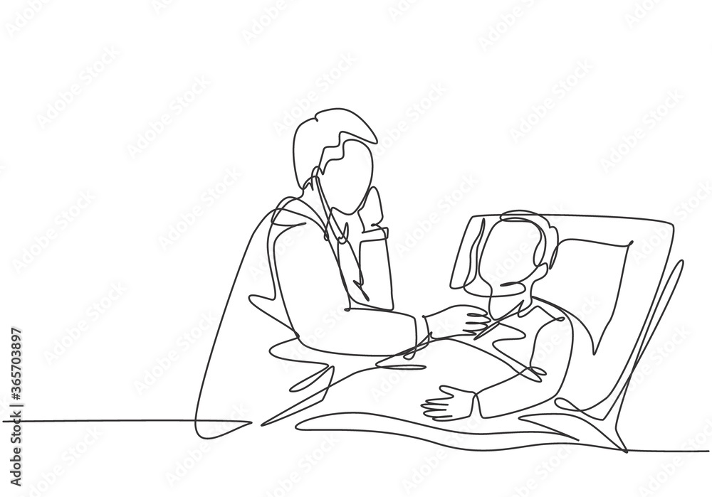 One single line drawing of young male doctor examining patient health ...