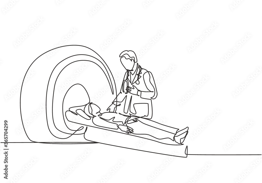 One continuous line drawing of young male doctor do MRI procedure to CT ...