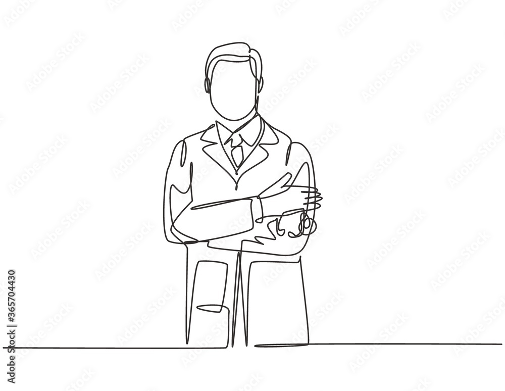 One single line drawing of young happy male doctor pose standing while ...