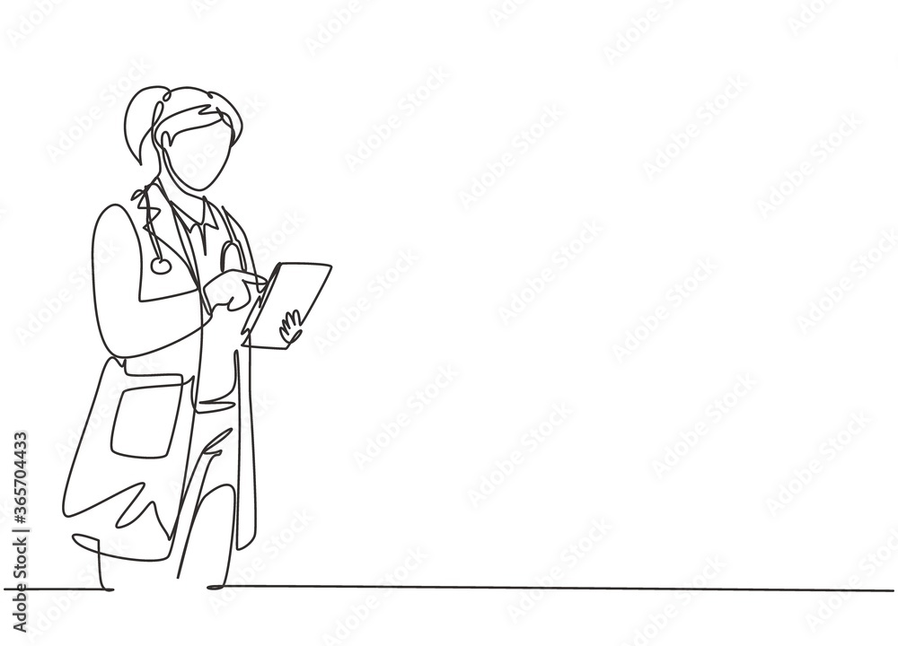 Single continuous line drawing of young female doctor standing and ...