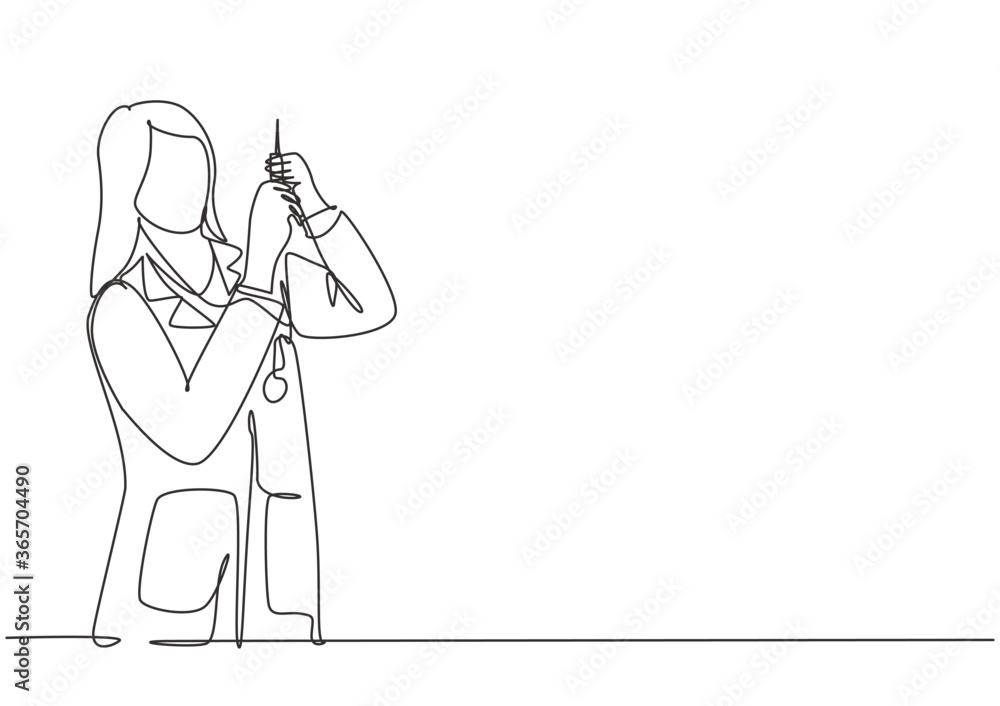 Single continuous line drawing of young female doctor testing syringe ...