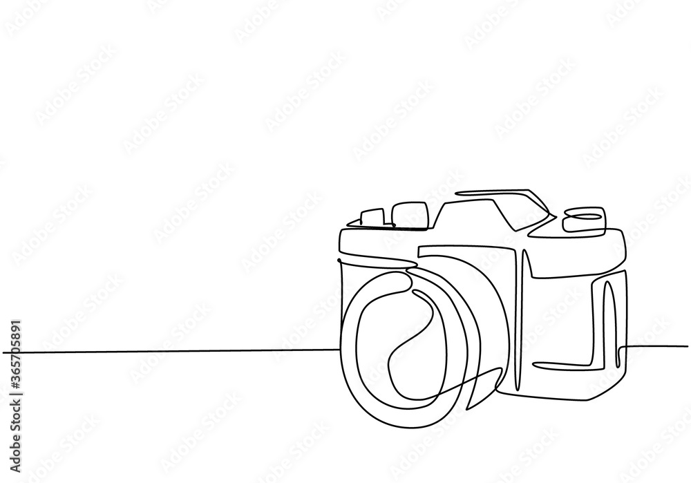 One single line drawing of old retro analog slr camera with telephoto ...
