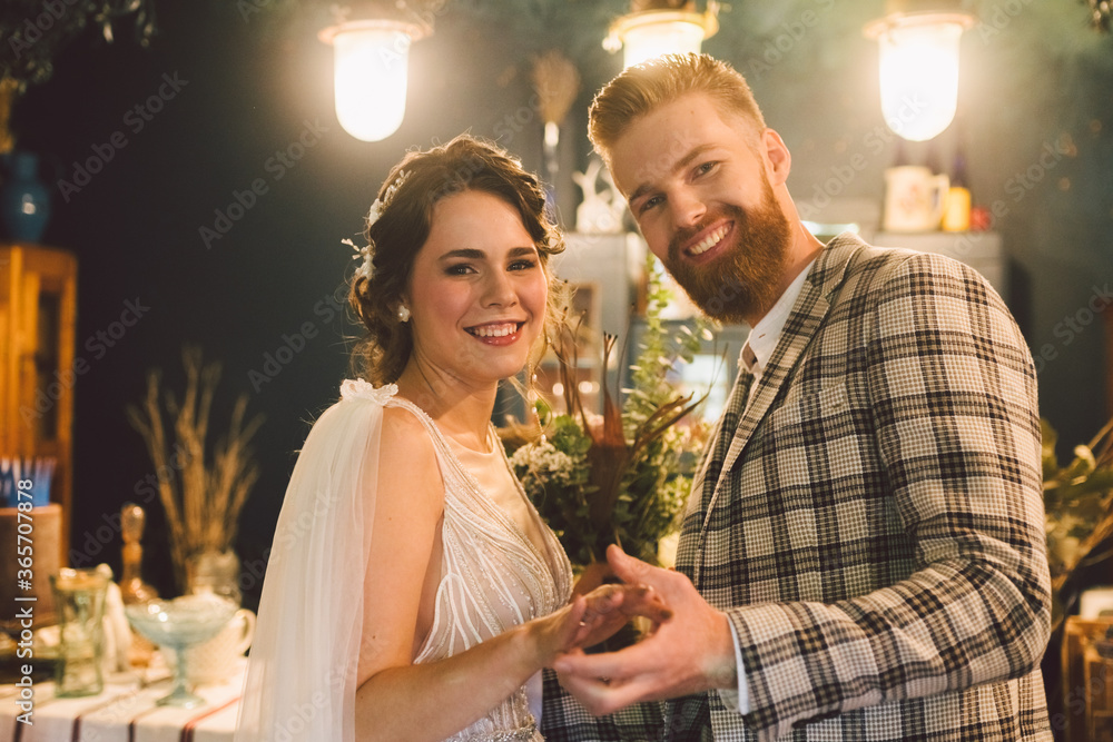 First look moment at wedding before ceremony starts. Bride and groom ...