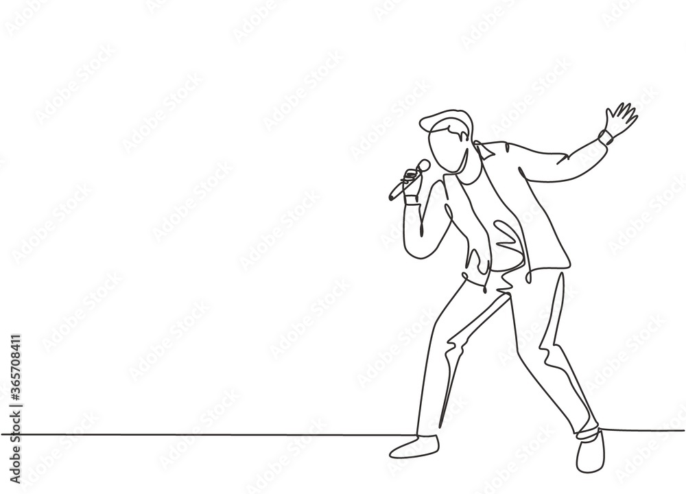 Single continuous line drawing of young happy male pop singer holding ...