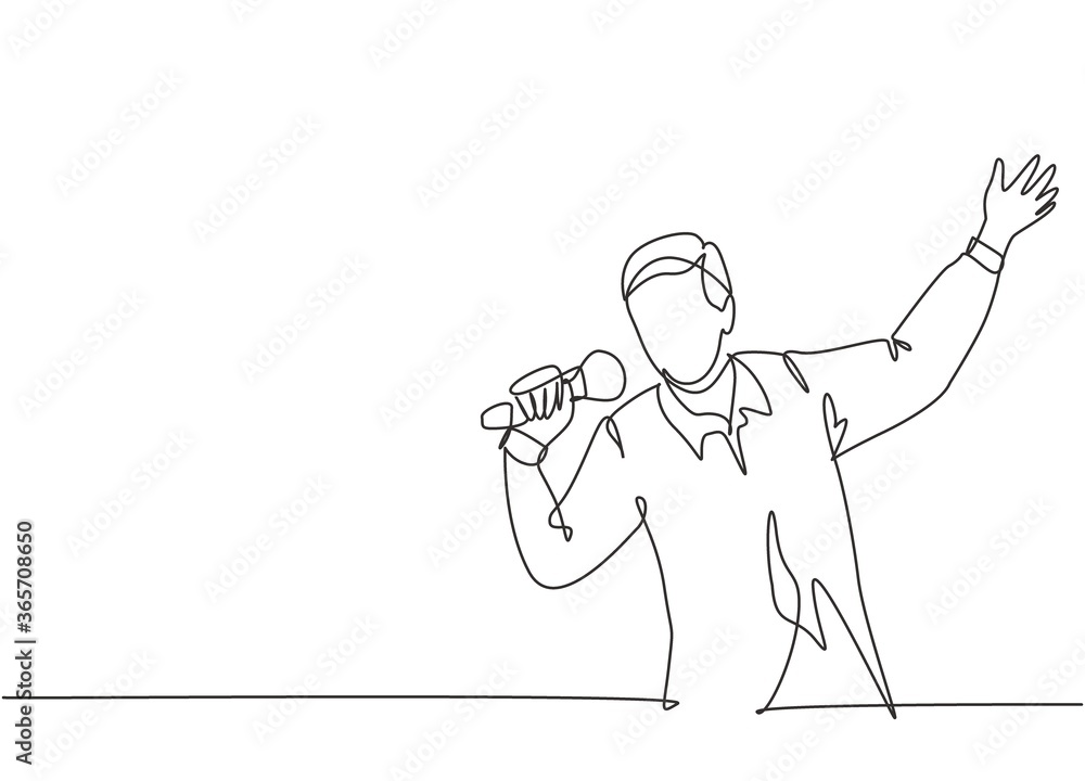 Single continuous line drawing of young happy male pop singer holding ...