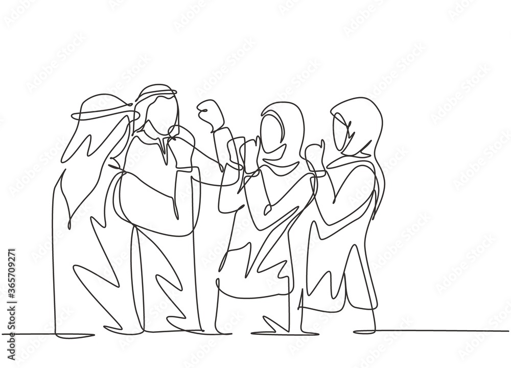 Single continuous line drawing of young muslim business people ...