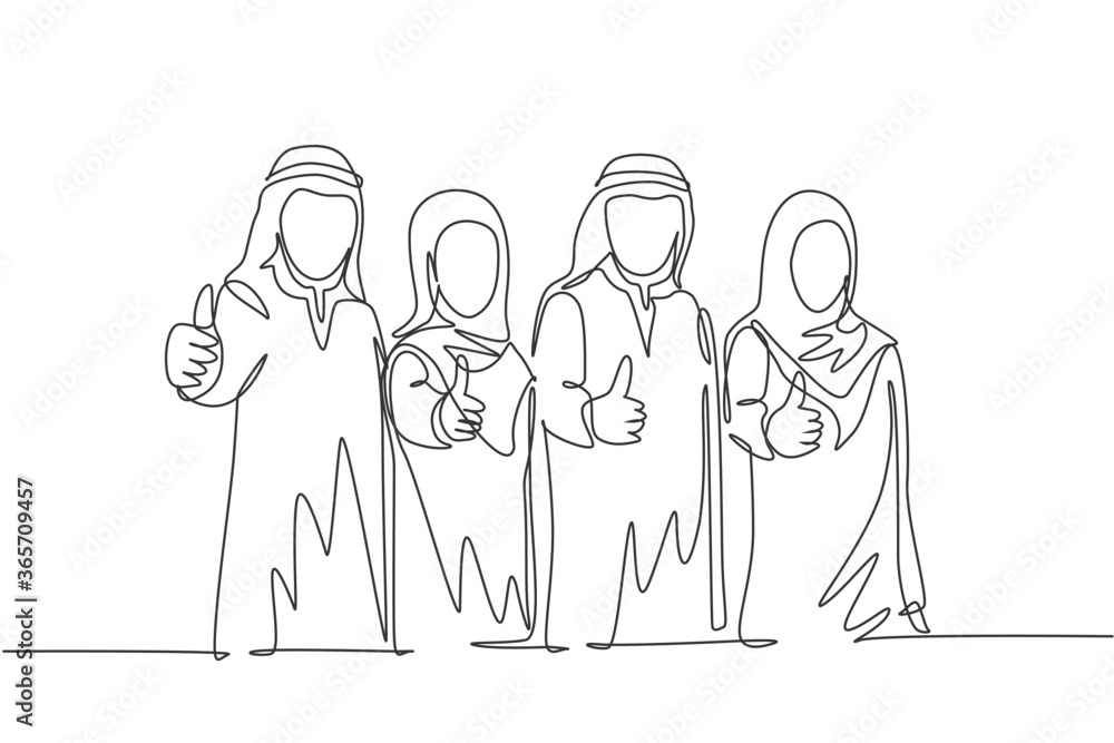 Single continuous line drawing of young muslim businessman and ...