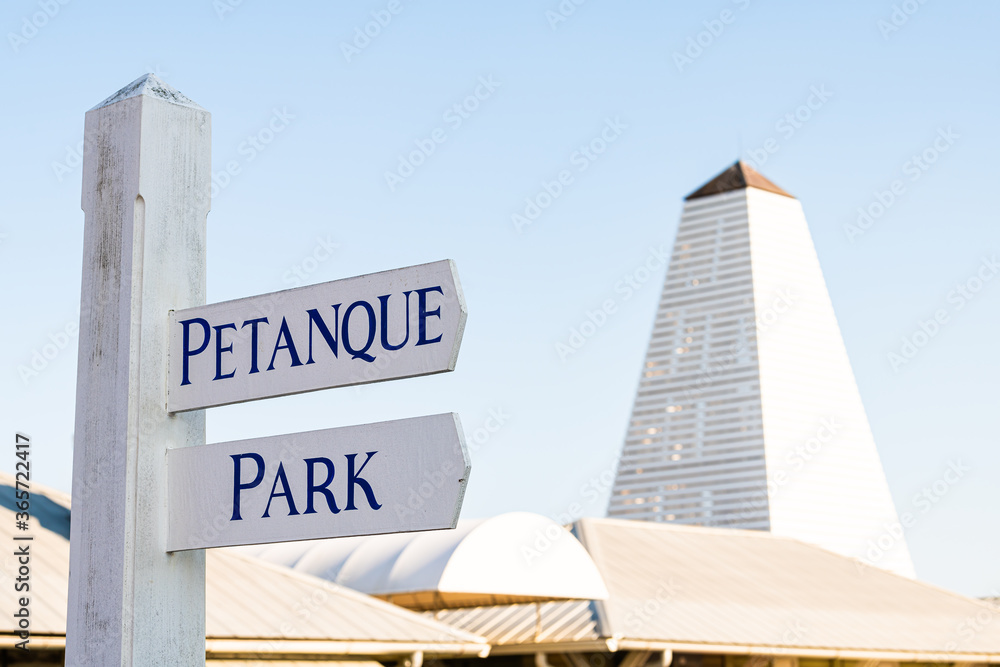 Seaside, USA - April 25, 2018: Sign for Petanque Park in famous city ...