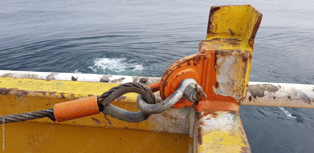 view of pad eyes attached with shackles, safety pin and sling wire on ...