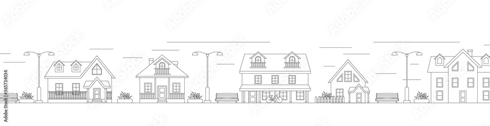 Thin line City landscape. Downtown landscape with high skyscrapers ...