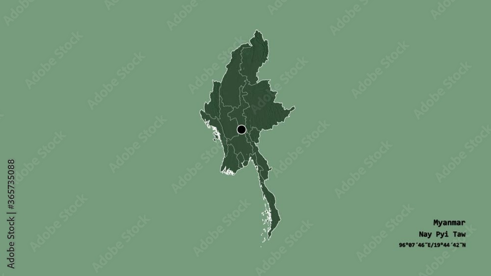 Mon, state of Myanmar, with its capital, localized, outlined and zoomed ...