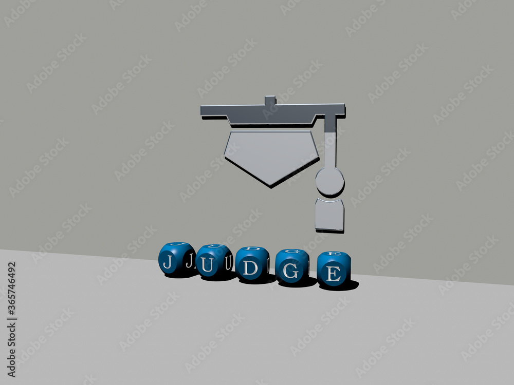 3D representation of judge with icon on the wall and text arranged by ...
