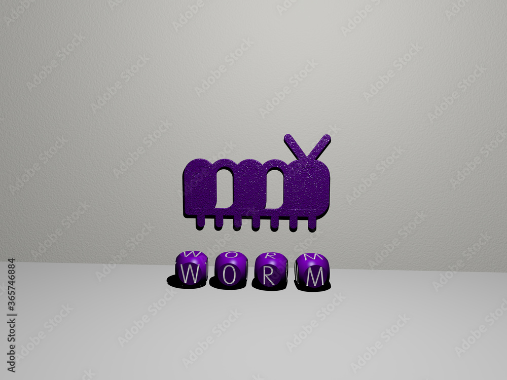 3D graphical image of worm vertically along with text built by metallic ...