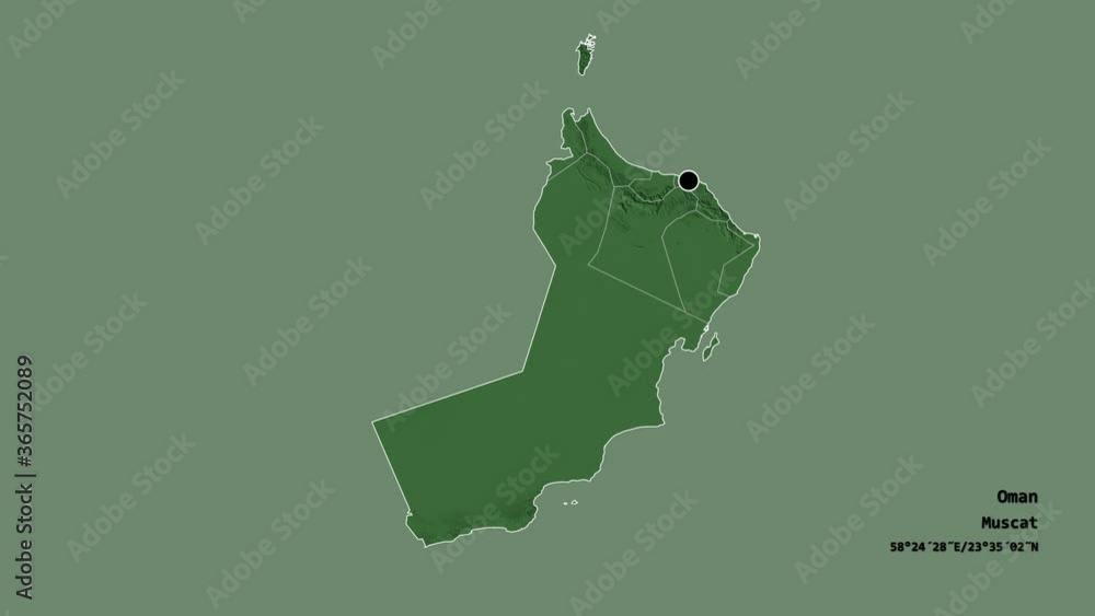 Al Batinah South, region of Oman, with its capital, localized, outlined and zoomed with ...