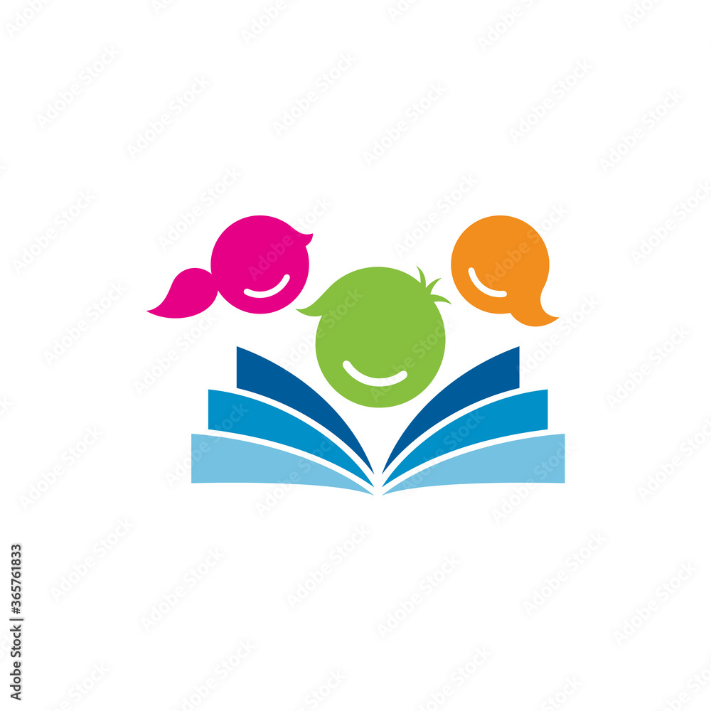 Kids reading book. Simple flat style. Modern education logo template ...