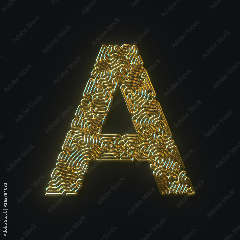 High resolution letter A symbol formed of gold bent wire. 3D rendering ...