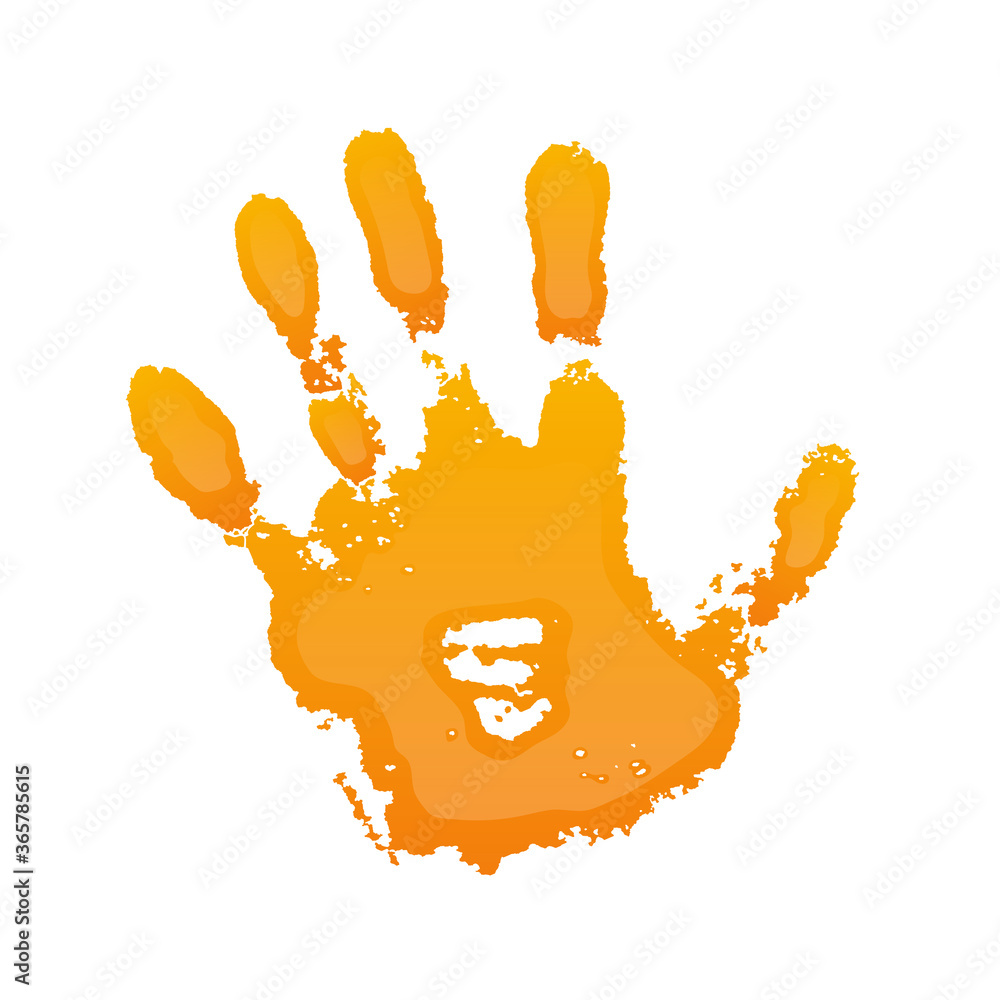 Hand paint print 3D, isolated white background. Orange human palm and ...