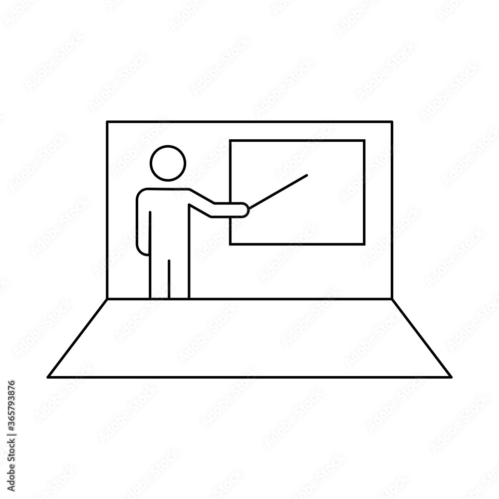 Online teacher on a laptop line icon. Human figure pointing at white ...
