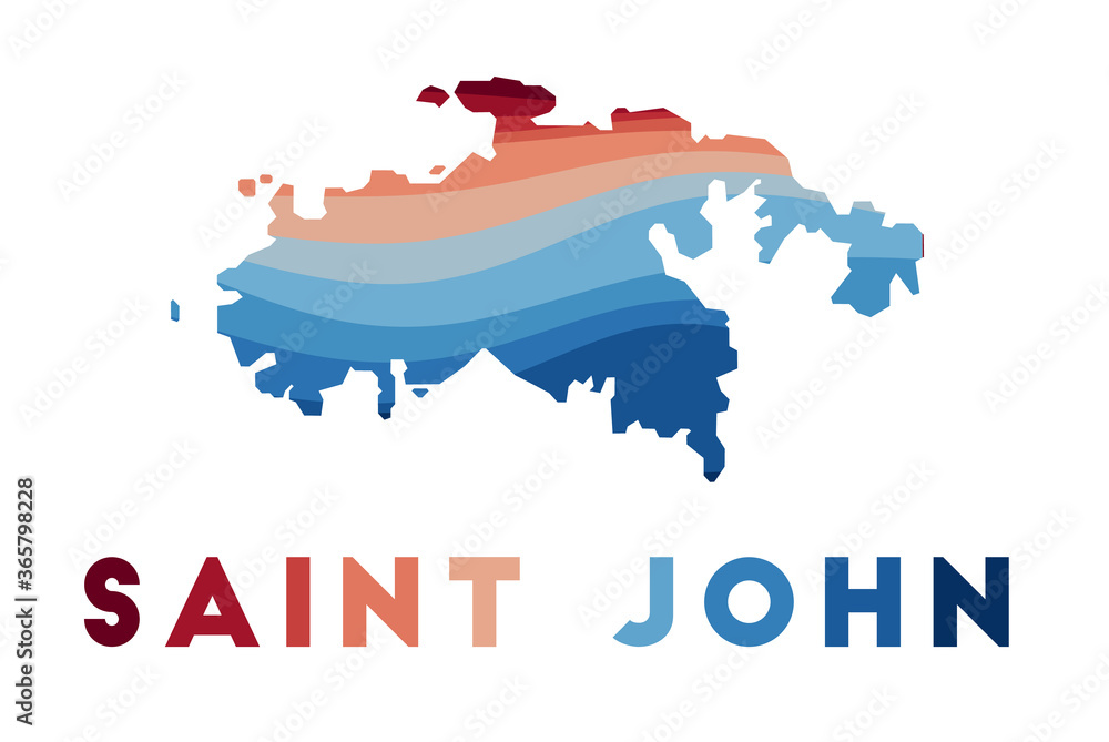 Saint John map. Map of the island with beautiful geometric waves in red ...