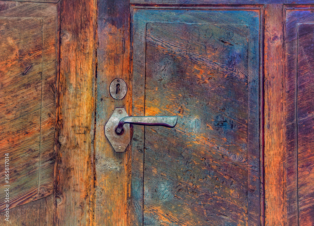 Old lock and handle on rustic wooden door. Natural texture of old ...