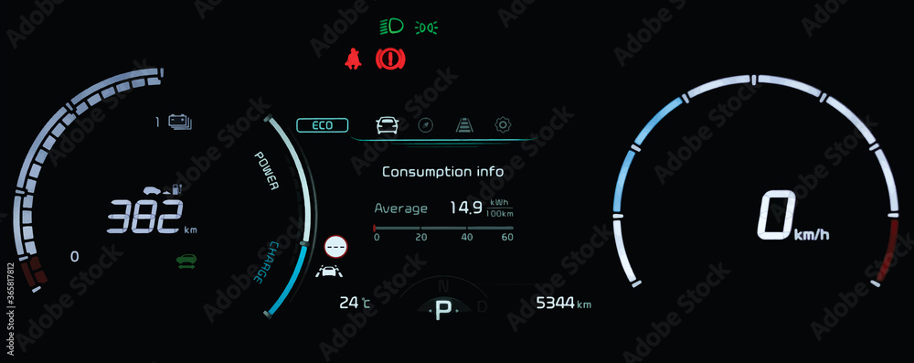 Vector illustration of illuminated car dashboard panel in full electric ...