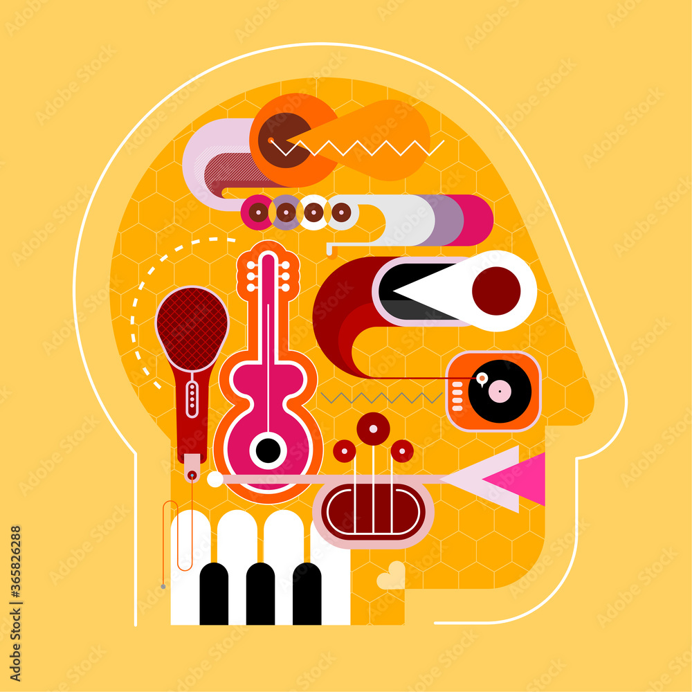 Human head shape design consisting with a different musical instruments ...
