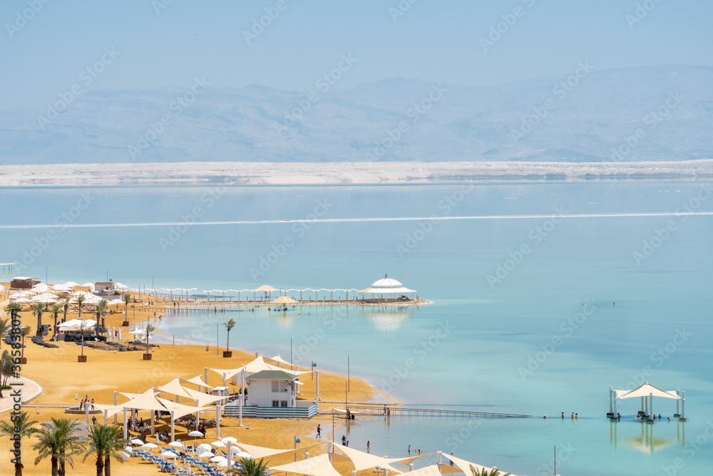 beautiful beaches of the dead sea in ein bokek in israel. aerial view Stock Photo | Adobe Stock