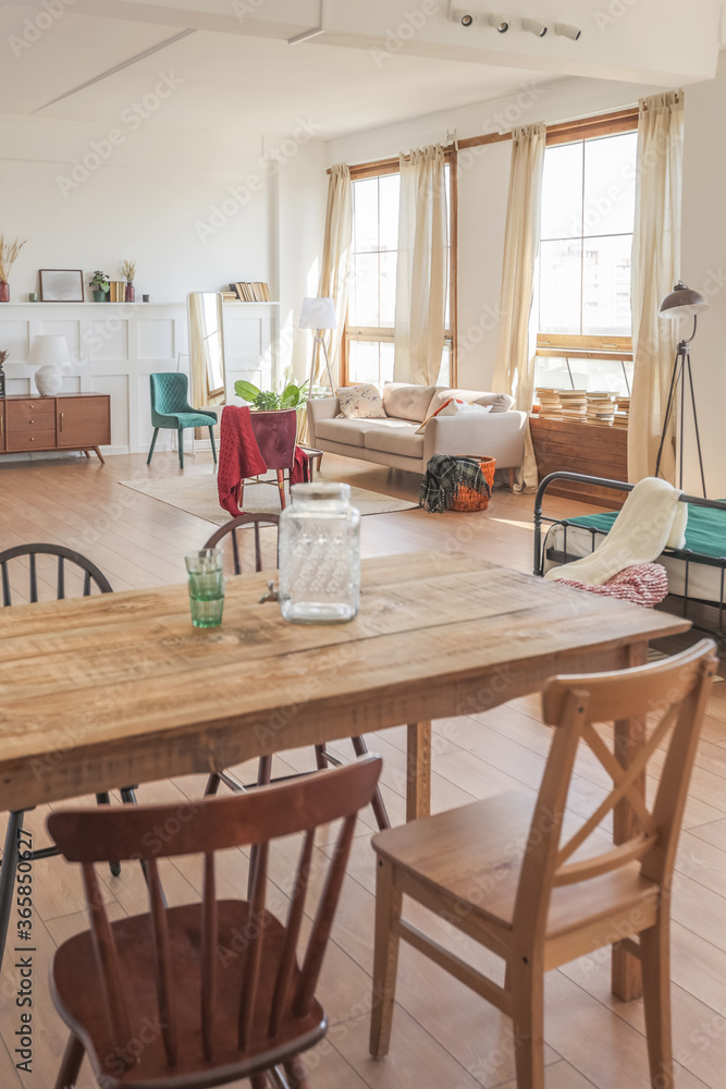 Vintage studio apartment interior in light colors in old style. huge ...