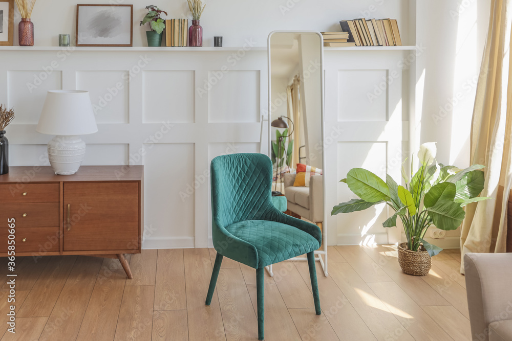 Vintage studio apartment interior in light colors in old style. huge ...